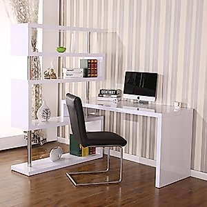 HomCom Foldable Rotating Corner Desk and Shelf Combo White