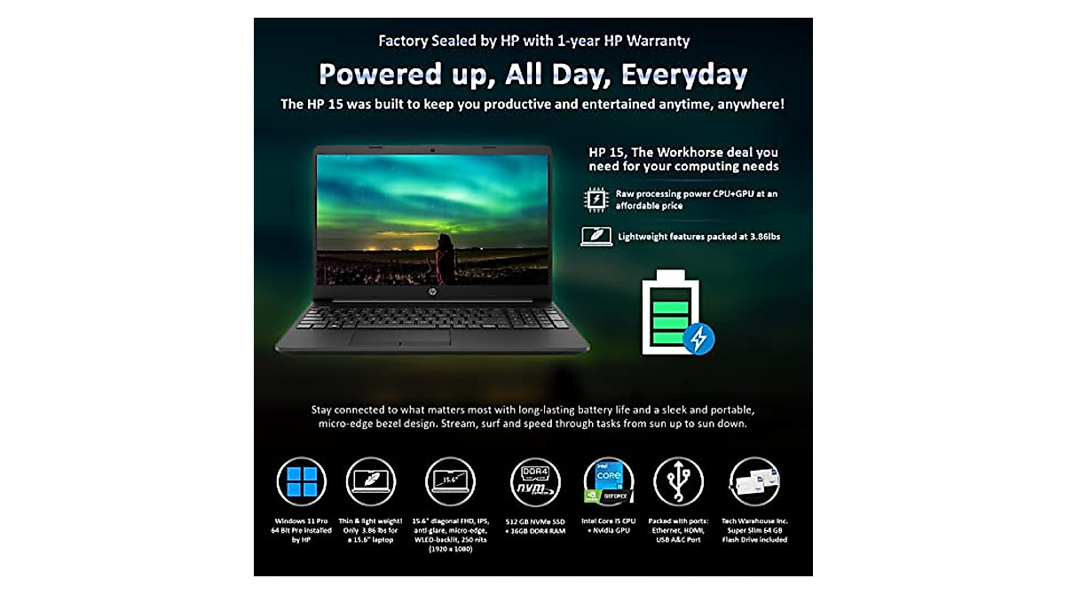 HP 15 Laptop 2022 - Intel Core i5, 16GB RAM, 512GB SSD, NVIDIA MX350
