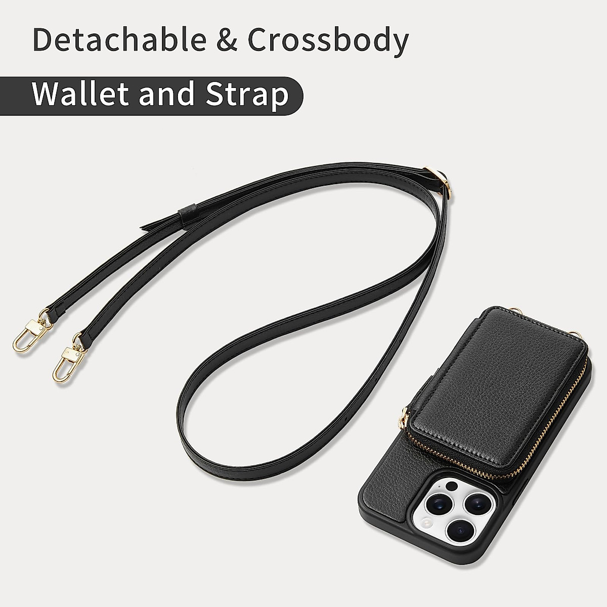 ZVE for iPhone 15 Pro Max Wallet Case Crossbody, Card Holder Phone Purse for Women, RFID Blocking Zipper Leather Cover with Wrist Strap for iPhone 15 Pro Max (6.7 inch)- Black