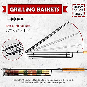 Gnome Mames Kabob Grilling Baskets - Set of 8 Large BBQ & Veggie Grill Baskets + Stainless Steel Skewers - Silicone Basting Brush - Easy Vegetable & Meat Removal with No Mess Slider - Basket Lid Holds Ingredients- Gifts For Father, Dad, or Husband-BBQ Gri