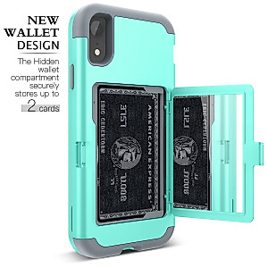 WeLoveCase iPhone XR Wallet Case Defender Wallet Design with Card Holder and Hidden Back Mirror Three Layer Heavy Duty Protection Shockproof All-Round Armor Protective Case for iPhone XR Mint Green