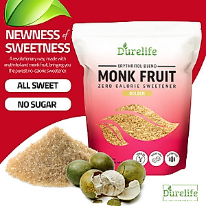 Durelife Golden Monk Fruit Sweetener, 1:1 Sugar Replacement, Keto Diet Friendly, Zero Calorie, Kosher Sugar Substitute Crystal, Golden - 5 lb Bulk Size (Packaging May Vary)