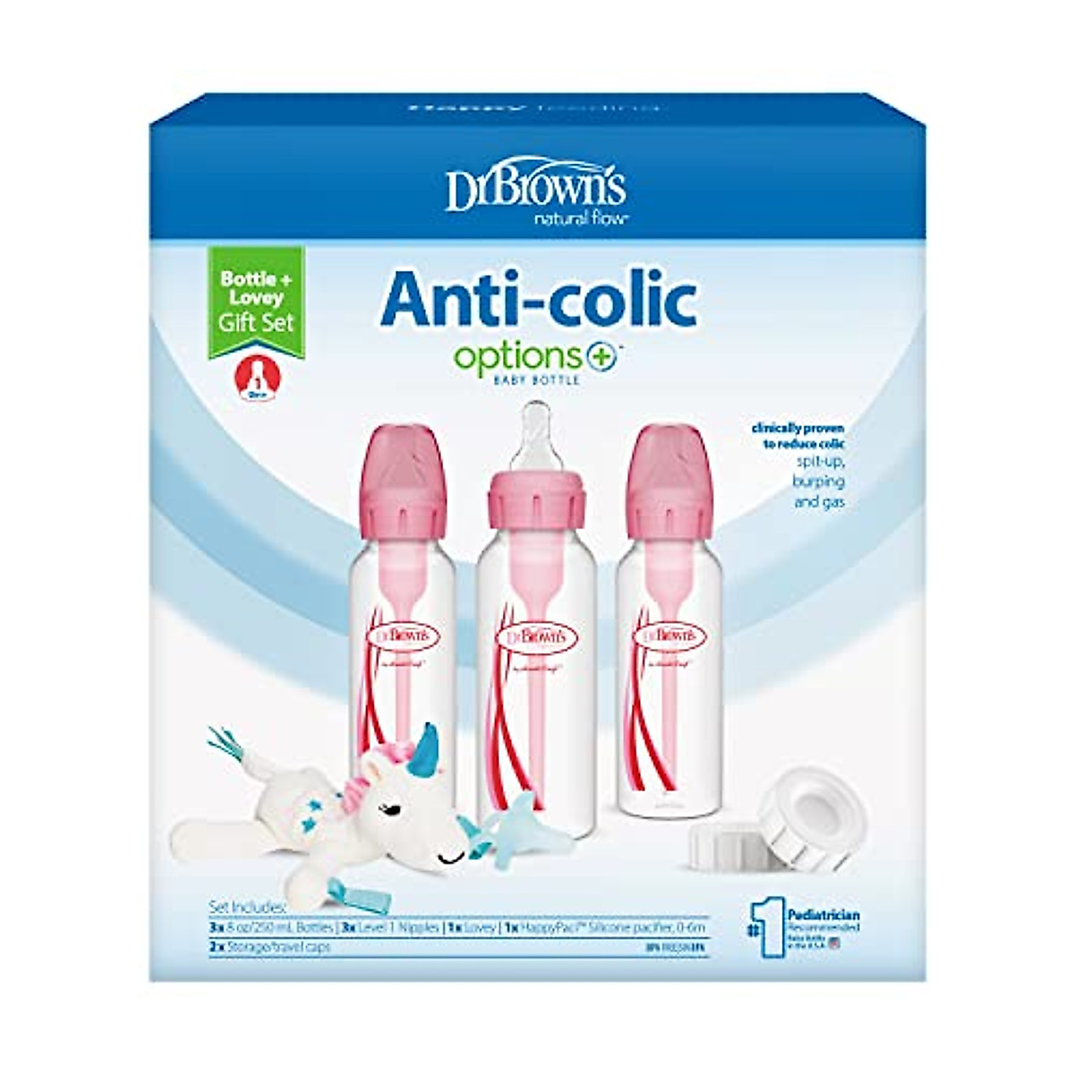 Dr. Brown’s Natural Flow Anti-Colic Options+Narrow 8oz/250mL Baby Bottle + Lovey Gift Set with Level 1 Slow Flow Nipples, Pink
