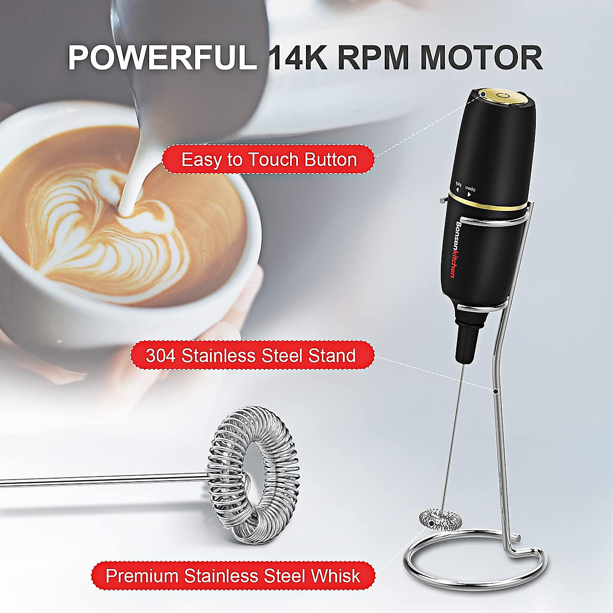 Bonsenkitchen Electric Milk Frother Handheld, Portable Whisk Milk Foam Maker with Stainless Steel Stand, Battery Operated Drink Hand Mixer for Coffee, Matcha, Electric Stirrer Coffee Mixer Wand