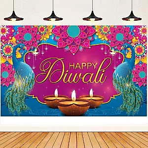 Ansoufien Diwali Decoration Banner, Diwali Decor Backdrop Happy Diwali Banner for Indian Light Celebration Party 71 x 43 Inch
