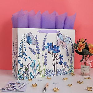 16.5" Extra Large Purple Gift Bag Set with Greeting Card and Tissue Papers (Lavender and 3D Butterfly) for Women's Birthday Party, Girls' or Kids' Party, Mothers' Day, Wedding, Anniversary, Baby Shower - 16.5”x5.5”x12.6”, 1 Pcs.