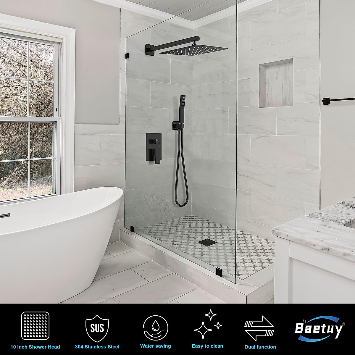 Baetuy Black Shower Faucet Set, Rainfall Shower System with Rain Shower Head and Handle Set, Wall Mounted Shower Fixtures With Shower Valve and Trim Kit 10 inch Matte Black