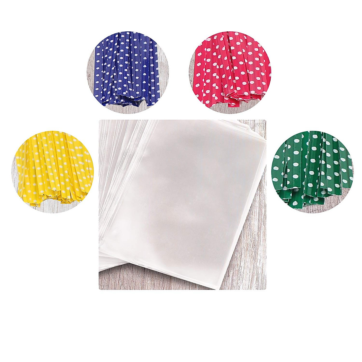 Beasea 4 x 6 Inches Treat Bags Cello Bags, Cellophane Bags 300pcs Cake Pop Treat Cello Bags for lollipop with 4 Mix Colors Twist Ties for Bakery Popcorn Cookies Candies Dessert