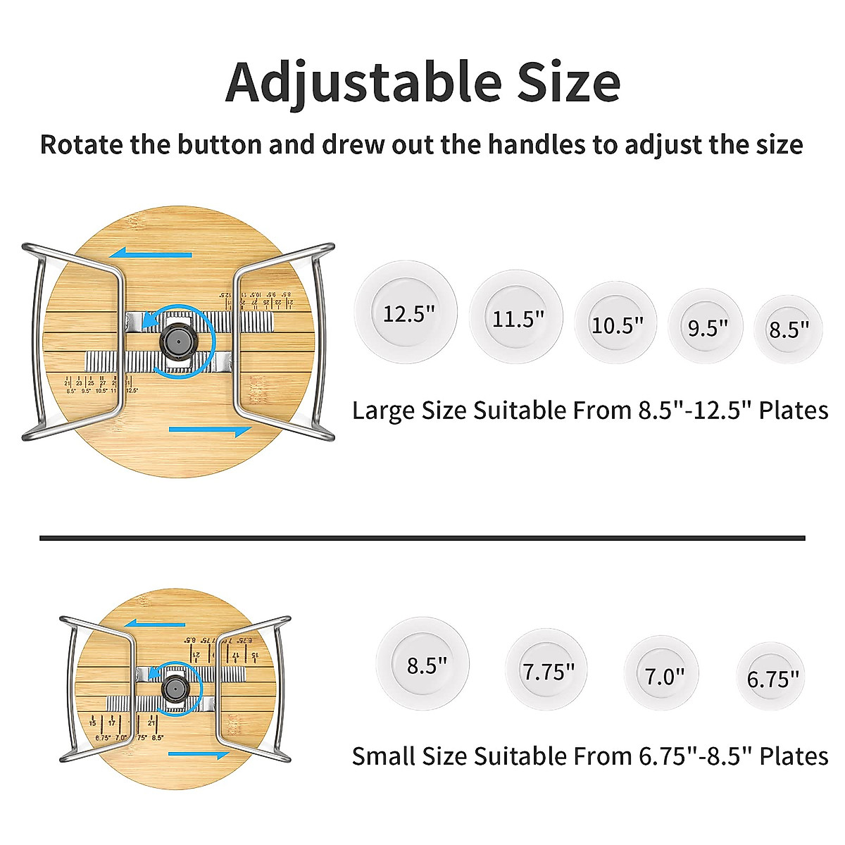 Piconico Plate Holder for Kitchen Drawers - Bamboo Dish Racks for Kitchen Counter 2Pcs Small & Large - Adjust 6.75" to 12.5" Stainless Steel Plate and Bowl Organizer for Cabinet, RV, Countertop