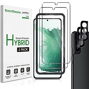 amFilm Screen Protector for Samsung Galaxy S22 5G 6.1 Inch [100% Fingerprint ID Compatible] with Tempered Glass Camera Lens Protector and Easy Installation Tray, HD Clear, Hybrid Film, 2+2 Pack