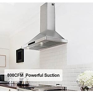 EVERKITCH 36 inch Wall Mount Range Hood 800CFM, with DC Motor, Stainless Steel Vent Hood with 6 Speeds Exhaust Fan, Convertible to Ducted and Ductless, with stainless steel filters