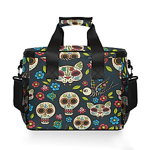 ALAZA Mexico Sugar Skull Cat Floral Large Cooler Insulated Picnic Bag Lunch Box for Adult Men Women