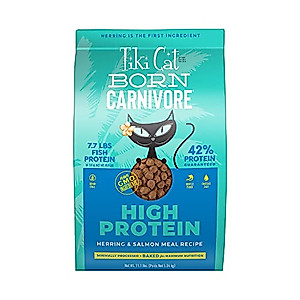 Tiki Cat Born Carnivore High Protein, Herring & Salmon Meal, Grain-Free Baked Kibble to Maximize Nutrients, Dry Cat Food, 11.1 lbs. Bag