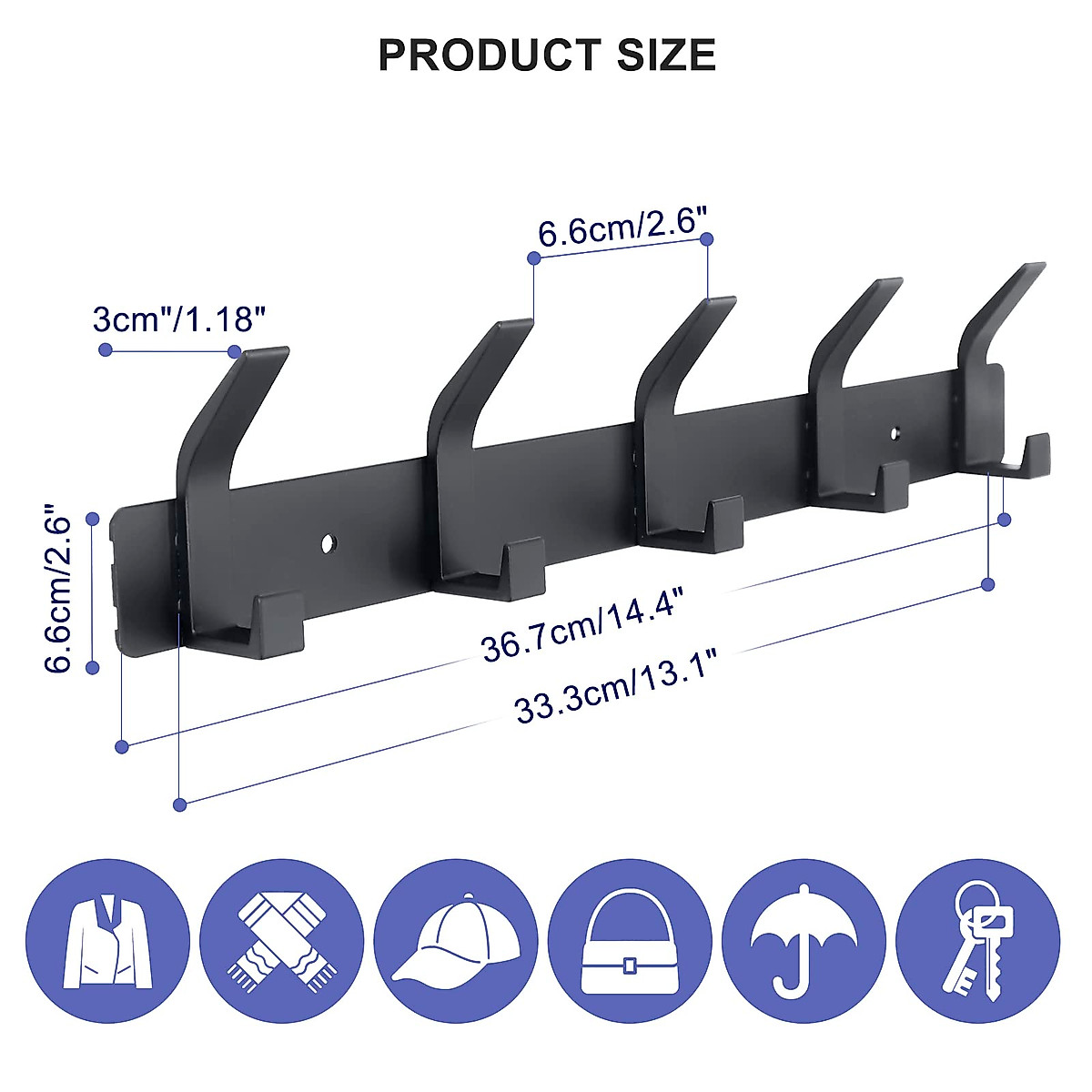 Coat Rack Wall Mounted,5 Coat Hooks for Hanging Coats,Heavy Duty Metal Double Hook Rack Hook Rail,Coat Rack with Hooks,Wall Mount Coat Hanger for Hat Towel Purse Robes ,Black,2Pack (Black2, 5 Hooks)