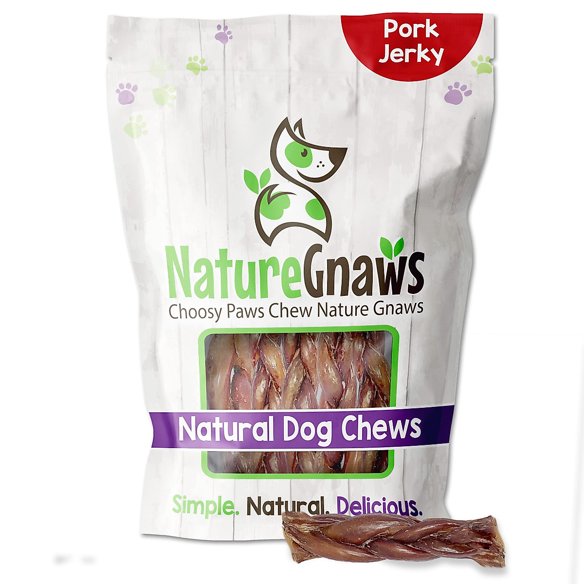 Nature Gnaws Braided Pork Jerky Sticks for Dogs - Premium Natural Dog Chew Treats - Rawhide Free Dental Bones - Long Lasting Training Reward Treat