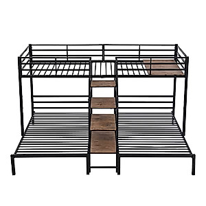 BOVZA Twin Size L-Shaped Metal Triple Bunk Bed with Storage Stairs, Twin Over Twin & Twin Triple Bunk Beds for 3 Kids Teens Girls Boys, Black