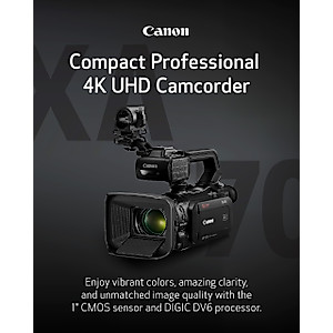 Canon XA70 Pro Camcorder 1” 4K UHD CMOS Sensor, Dual-Pixel CMOS AF, 15x Optical Zoom, 600x Digital Zoom, Image Stabilization, HDMI, USB Live Streaming, Time Stamp On-Screen Disp. Recording, XLR inputs
