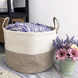 FENG@YE XXXL Extra Large 21.7 x 21.7 x 13.8 Inchs Natural Cotton Rope Basket Decorative Woven Basket Storage Baby Laundry Hamper with Handles for Baby and Kids Room Toy Bin Blanket Basket