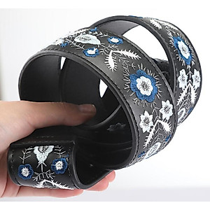 Embroidery Flowers Genuine Leather Handbags Strap HandBag Straps Replacement Shoulder Bag Straps (Black-02)