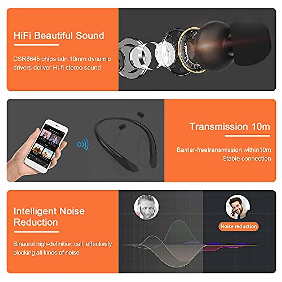 Bluetooth Retractable Neckband Headphones, Wireless Headset Retractable Earphones Noise Cancelling Sweatproof Stereo Earbuds with Mic by NVOPERANG