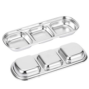 Stainless Steel Sier Sauce Dish Seasoning Dish Snack Plate Divided Food Dipping Bowl Kitchen Tableware for Salt Vinegar Sugar(3 Grids)