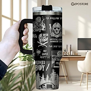 GEPOSTORE Movie Lover Gifts, Horror Friends 40 oz Laser Tumbler Handle and Straw, Horror Characters Tumblers Cup, Halloween Mug, Birthday Gifts for Movies Fans