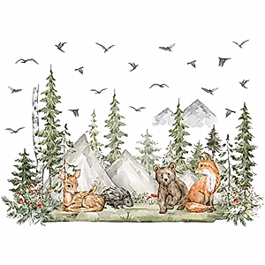 Amaonm 4 Sheet of 12x36 inch Giant Mountain Forest Tree Wall Decal Woodland Deer Bear Fox Birds Wall Stickers 3D DIY Peel and Stick Jungle Wild Animal Pine Wall Decor for Kids Boys Bedroom Playroom Living Room Classroom Decoration (Pine)