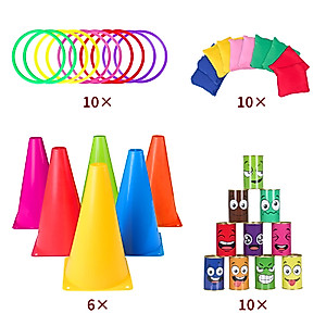 Waenerec 36PCS Carnival Games Combo Set 4 in 1 Bean Bag Toss Can Games Soft Plastic Cone Backyard Ring Toss Game for Indoor Outdoor School Field Day Birthday Party Yard Games for Kids Adults