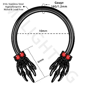 Melighting Skeleton Hand Septum Rings 16G Black Daith Earrings Halloween Septum Jewelry Clear CZ Surgical Steel 316L Helix Earring Cartilage Tragus Piercing for Women Men