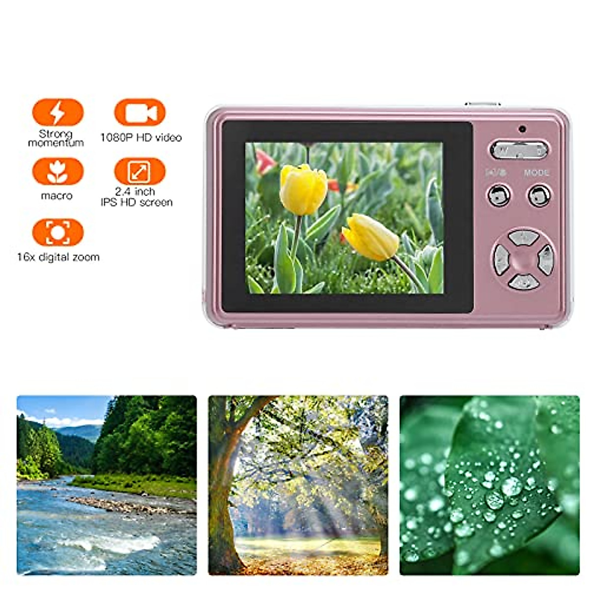 Digital Cameras for Photography, 40MP Vlogging Camera 16X Digital Zoom, Compact Pocket Camera with 2.4 Inch IPS Screen, Portable Camera for Teens Students Seniors (Pink)