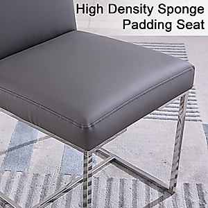 AZhome Dining Chairs, Grey PU Leather Upholstered Dining Room Chairs with Silver Stainless Steel Legs, Set of 2