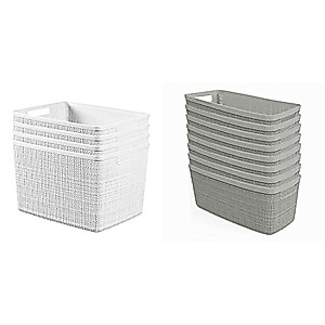Curver Set of 4 Jute Large Decorative Plastic Organization and Storage Baskets Perfect Bins for Home Office,White, 4 & Set of 8 Jute Half Medium Decorative Plastic Organization Grey, 8 Count