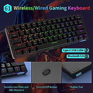 NACODEX STK61 2.4Ghz Wireless/Bluetooth/Wired 60% Mechanical Keyboard | 1000mAh Ultra Compact Rainbow Backlit Gaming Keyboard Wired Programmable for Win/Mac/PC Gamer