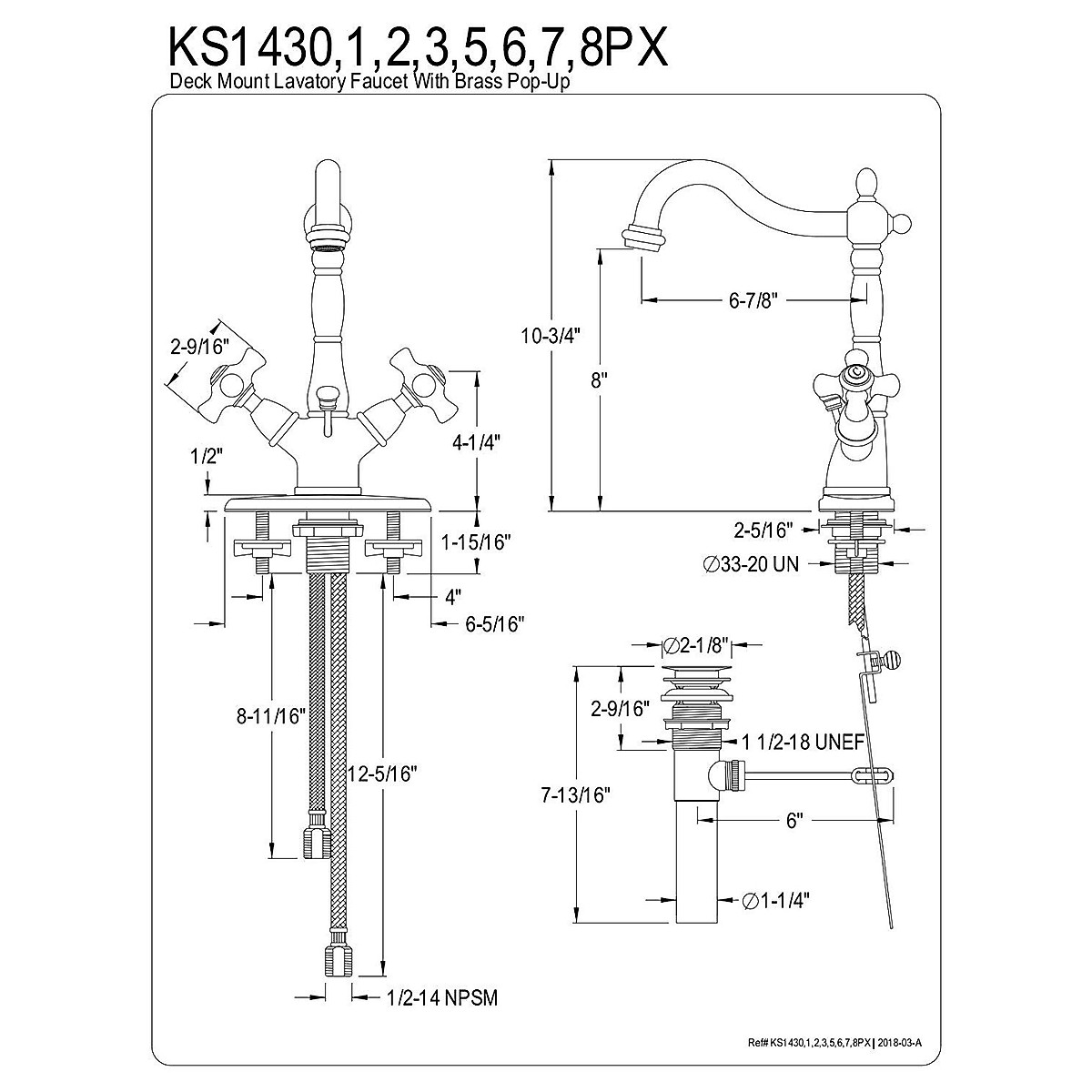 Kingston Brass KS1438PX Deck Mount Lavatory Faucet with Porcelain Cross Handle and Brass Pop-Up, 8-1/4", Brushed Nickel