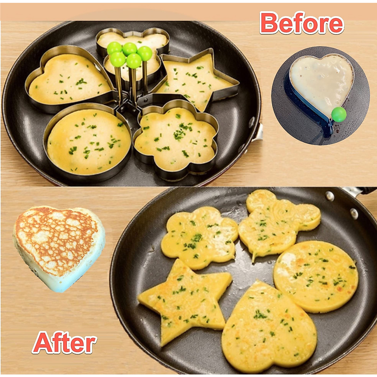 Unique Fried Egg Shaper, Omelette, Pancake, Scrambled Eggs DIY Mold Rings, Specialty Cooking Tool with Handle, Mold Non Stick Stainless Steel for Griddle Pan, Heart, Flower Shape Mickey-like 3Pcs/set