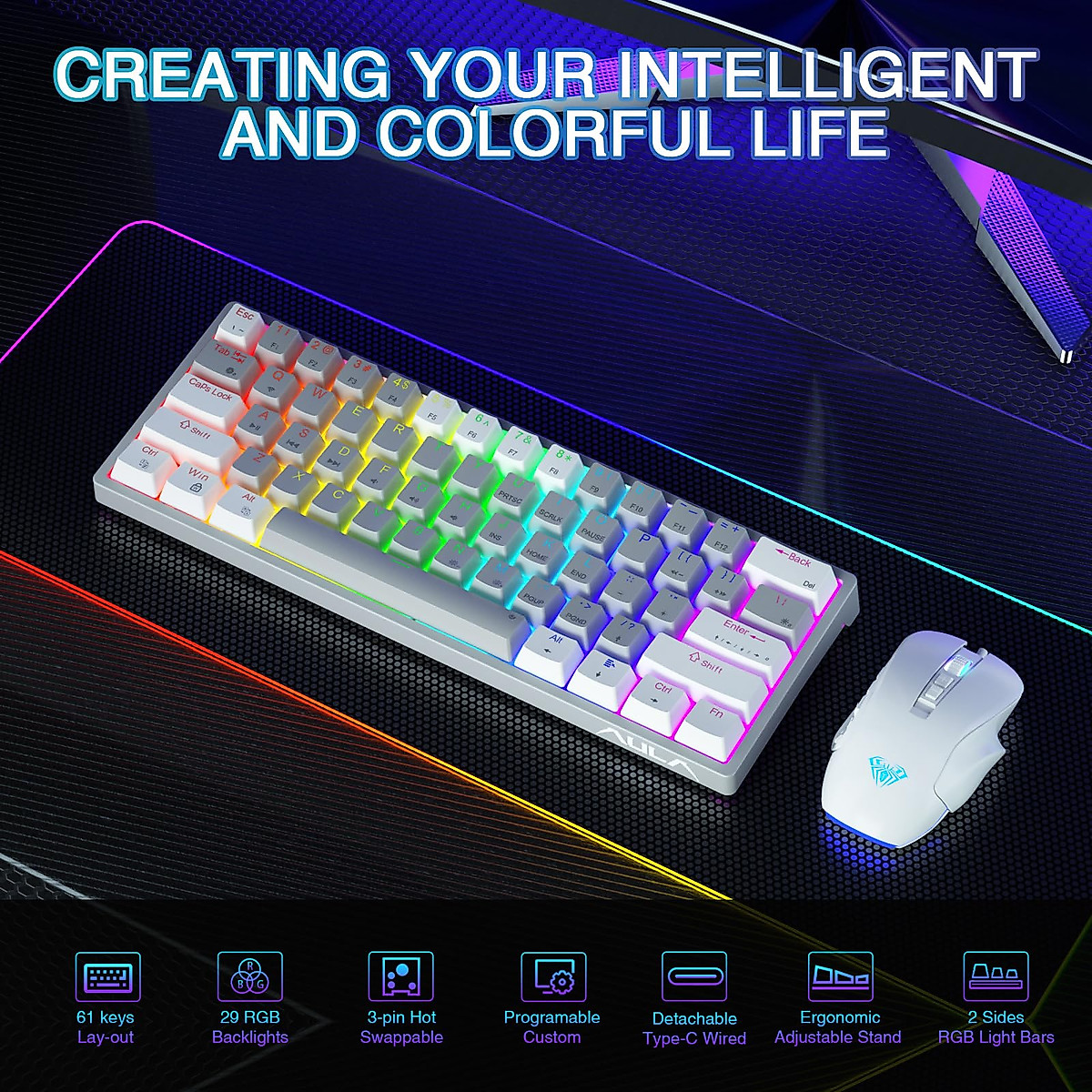 AULA 60 Percent Wired Mechanical Gaming Keyboard, 29 RGB Backlit Custom Hot Swappable Keyboard, Blue Switch 60% Mini Small Compact Keyboard for PC/Mac/Laptop/Wins —— (Wired Version)