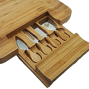 Bamboo Cheese Board & Cutlery Set - Large Charcuterie Board Set Cheese Platter with Slide-Out Drawer - House Warming Gifts New Home, Anniversary Wedding Gifts for Couples, & Cool Bridal Shower Gifts