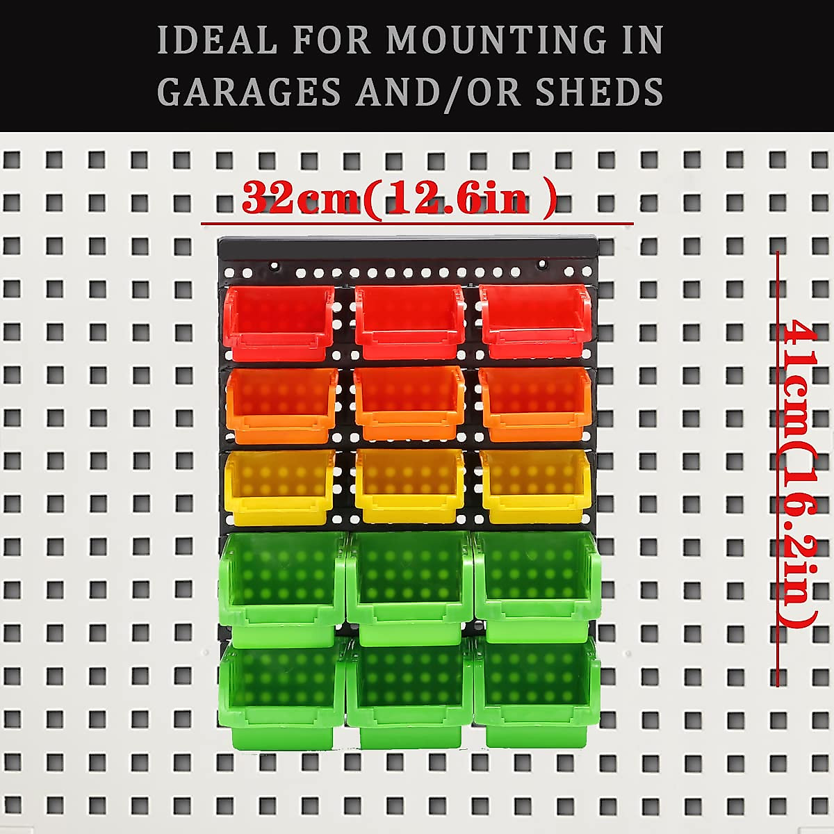 MULSAME Garage Storage Bins With Pegboard, Wall Mounted Parts Rack with 15PCS Bins Organizer, Stackable Garage Plastic Shop Tool, Garage Organizers for Nuts, Screws, Nails, Beads, Bolts Storage
