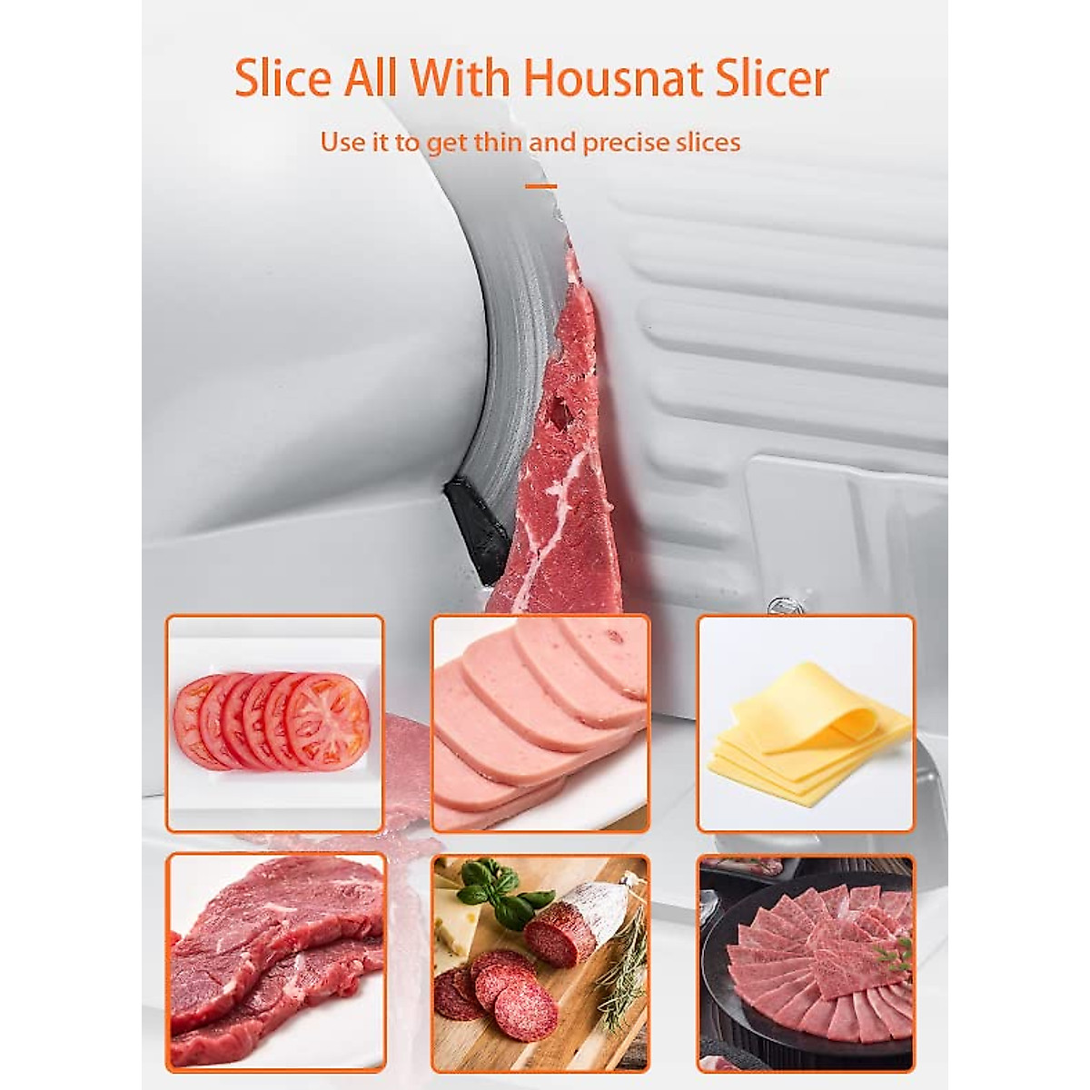 HOUSNAT Meat Slicer for Home Use, Electric Deli Food Slicer Machine with Two 7.5'' Blade and 0-15 mm Adjustable Thickness for Meat, Cheese, Bread, Include Food Pusher, 150W