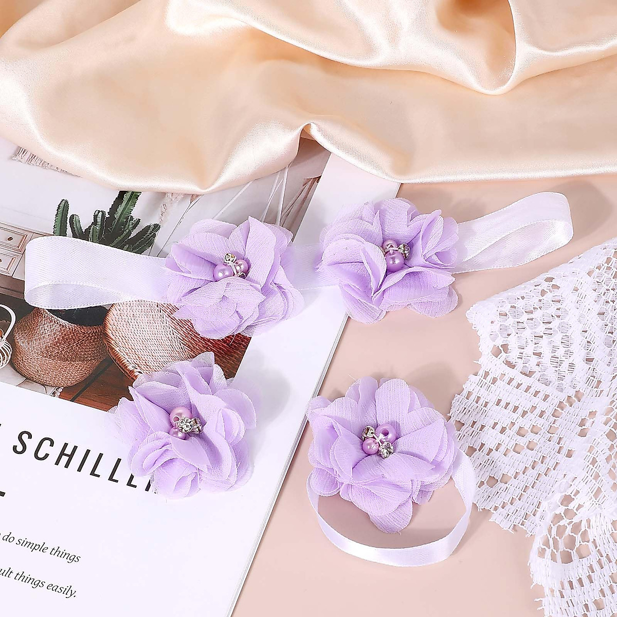 30 Pieces Fabric Flowers for Crafts, Purple Rhinestone Pearl Chiffon Applique Patches Lace Sewing Small Floral Applique for Clothing, Wedding Ornament, Graduation Headbands Flower, Party Decoration