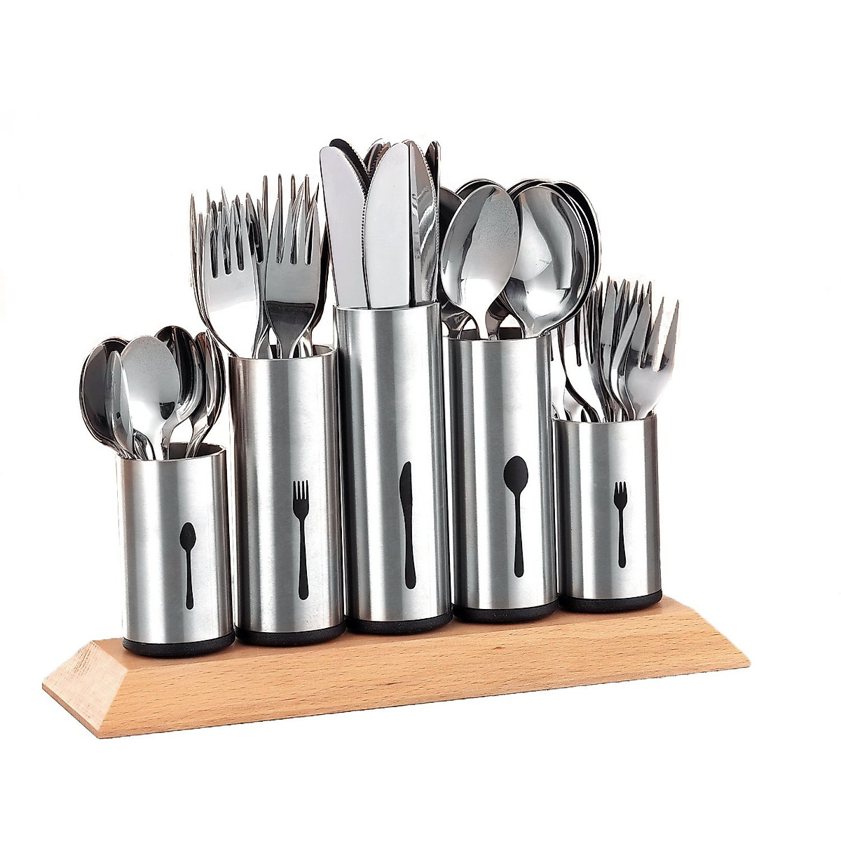 Bruntmor, 18/8 Stainless Steel Flatware Organizer Holder Caddy With Wood Base. Use for 12 knives, forks, spoons, coffee spoons and pastry forks, on a wooden stand made from rubberwood.