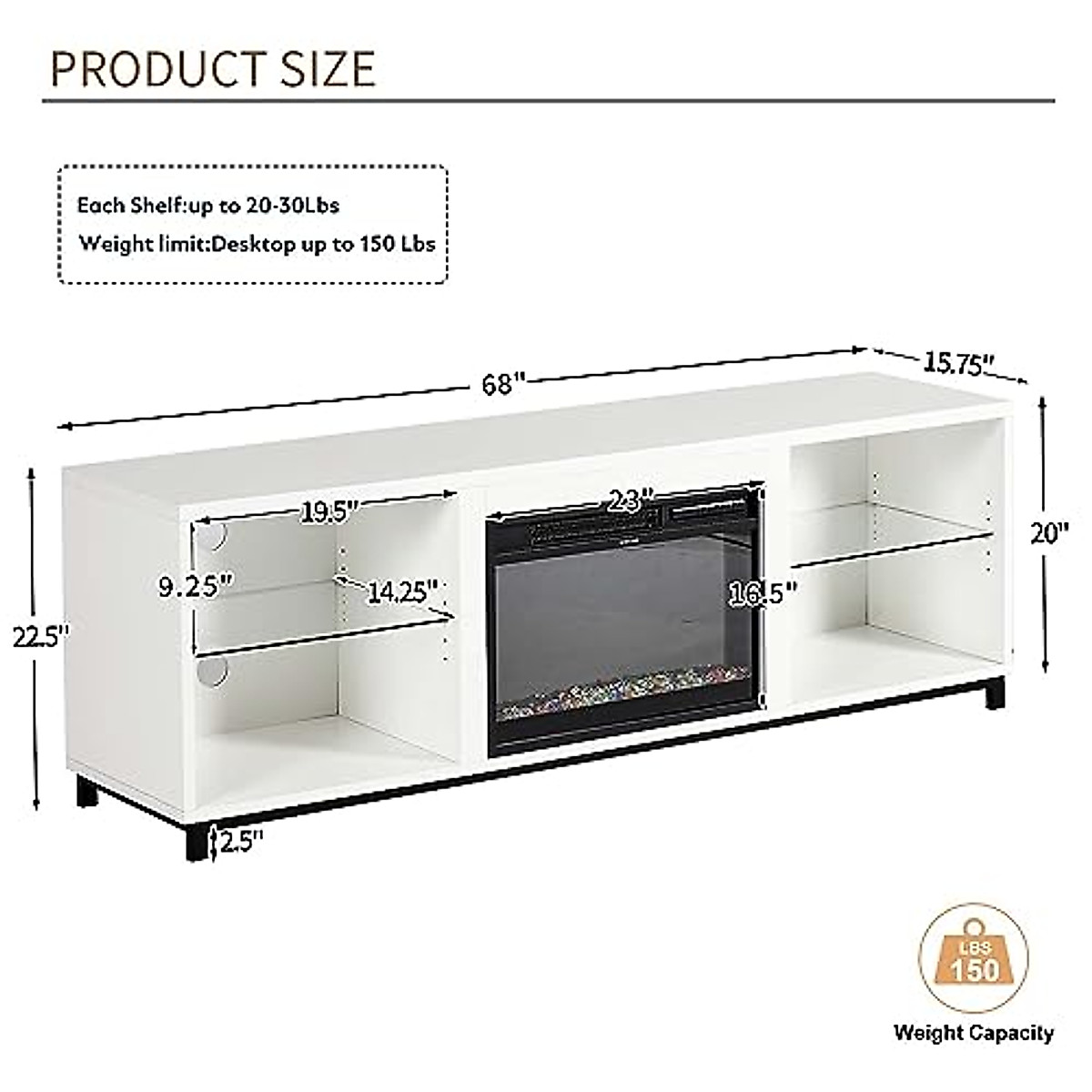 oneinmil Fireplace TV Stand for TV up to 78 Inch for Living Room, 68 Inch Modern TV Cabinet with AElectric Fireplace, Wood Storage TV Console, Media Entertainment Center with Cable Holes,White