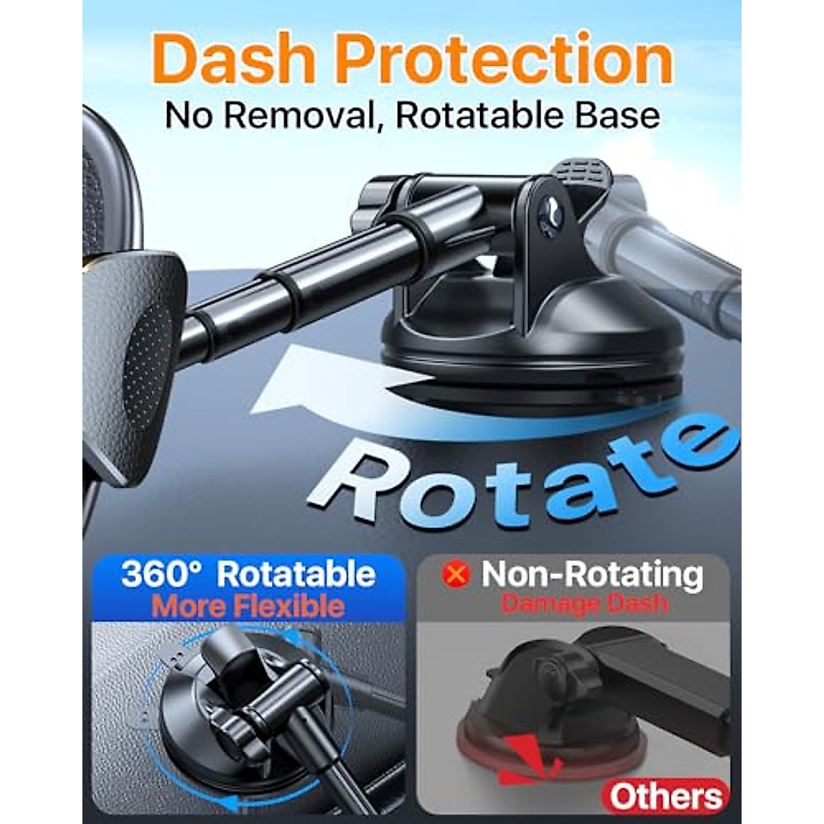 【Military-Grade Stable Suction】 Cell Phone Holder for Car,【Flexible Telescopic Arm】 360° Rotatable Stand Dashboard Windshield Cellphone Mount for iPhone 15 14 13 12 Samsung Smartphone Truck, Black