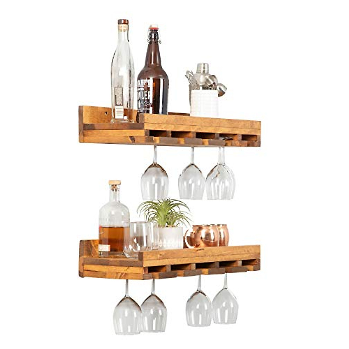 del Hutson Designs Rustic Luxe 24 Inch Farmhouse Solid Pine Wood Wall Mount Wine Bottle Stemware Rack Display Shelf, Set of 2, Walnut