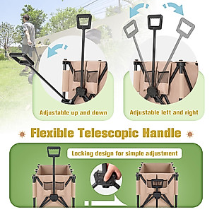 Devoko Collapsible Folding Wagon, 200L Outdoor Heavy Duty Beach Garden Wagon Cart with Big Wheels for Sand, Grocery Cart on Wheels, Beige