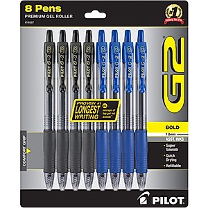 Pilot, G2 Premium Gel Roller Pens, Bold Point 1 mm, Pack of 8, Black and Blue