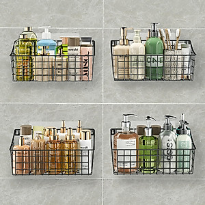 4 Pack Hanging Wall Basket for Organizing, Large Wire Baskets for Storage Pantry with 5 S Hooks+4 Strong Adhesive Wall Hooks, Wall Mounted Metal Wire Storage Baskets Shelf for Cabinet Kitchen Bathroom