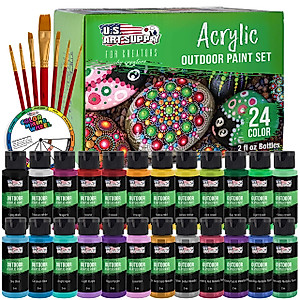 U.S. Art Supply Professional 24 Color Set of Outdoor Acrylic Paint in 2 Ounce Bottles, Plus a 7-Piece Brush Kit - Vivid Colors for Artists, Students - Use on Canvas, Rocks, Kids' Wood Crafts, and Toys
