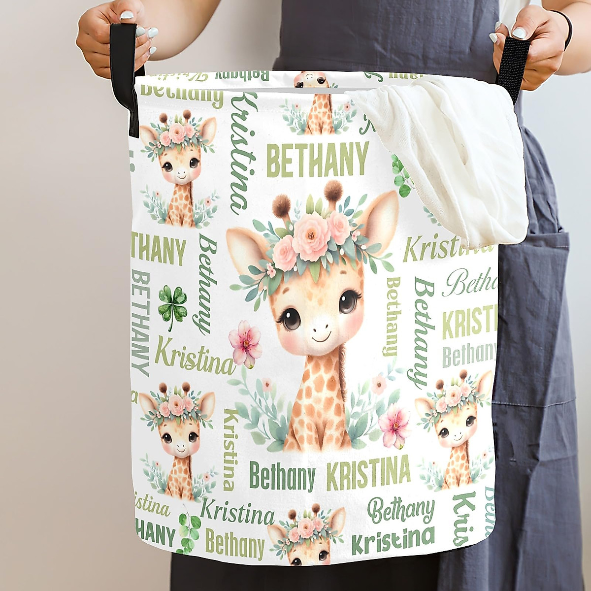 Laundry Storage Basket Name Text, Giraffe Laundry Hamper Laundry Bag Waterproof Clothes Bin Collapsible, Clothes Hamper for Bathroom, Laundry, College