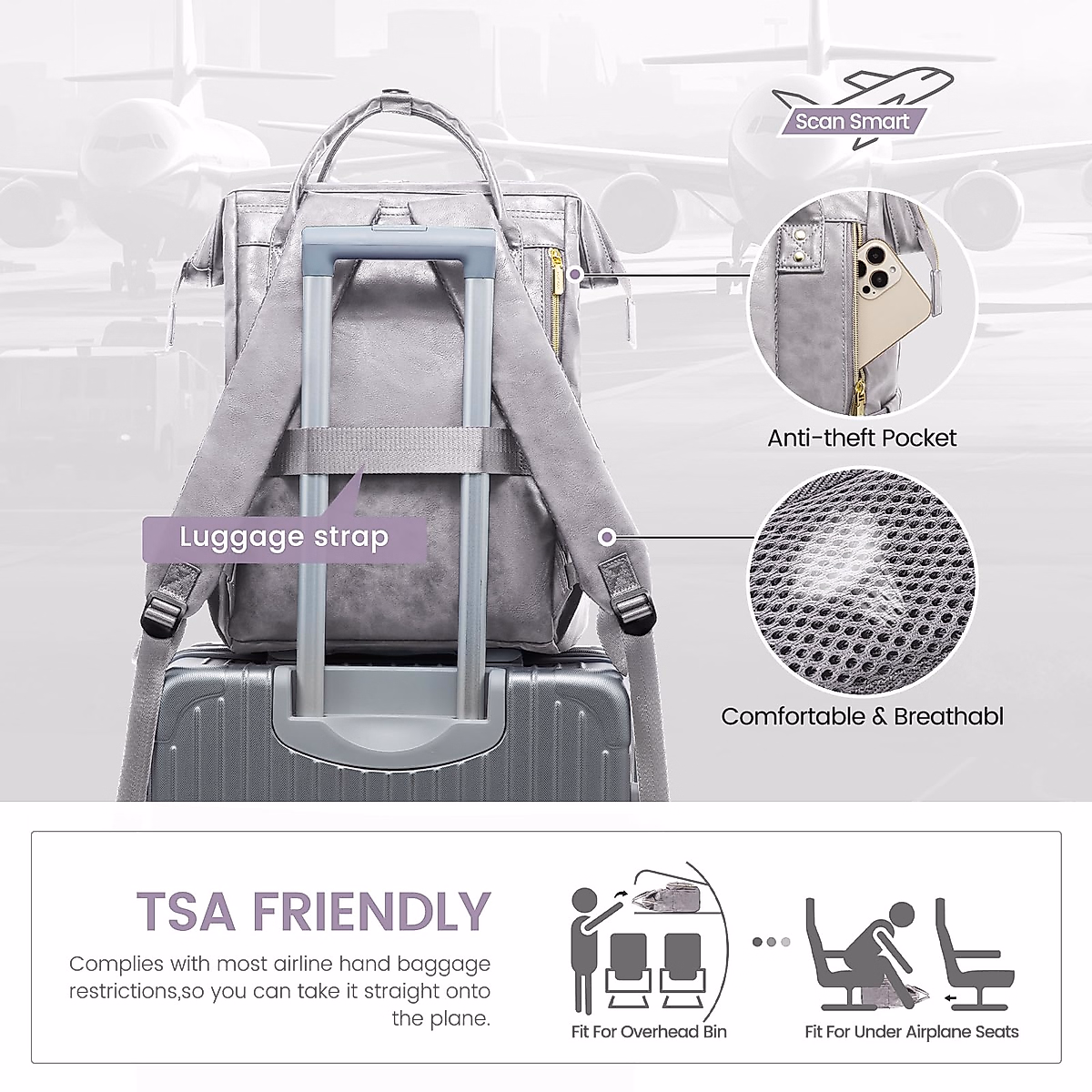 LOVEVOOK Vintage Leather Backpack for Women,15.6 inch Leather Laptop Backpack Women Teacher Nurse Work Travel Backpack Computer Laptop Bags,Professional Backpack Purse Carry On Backpack,Tile Violet